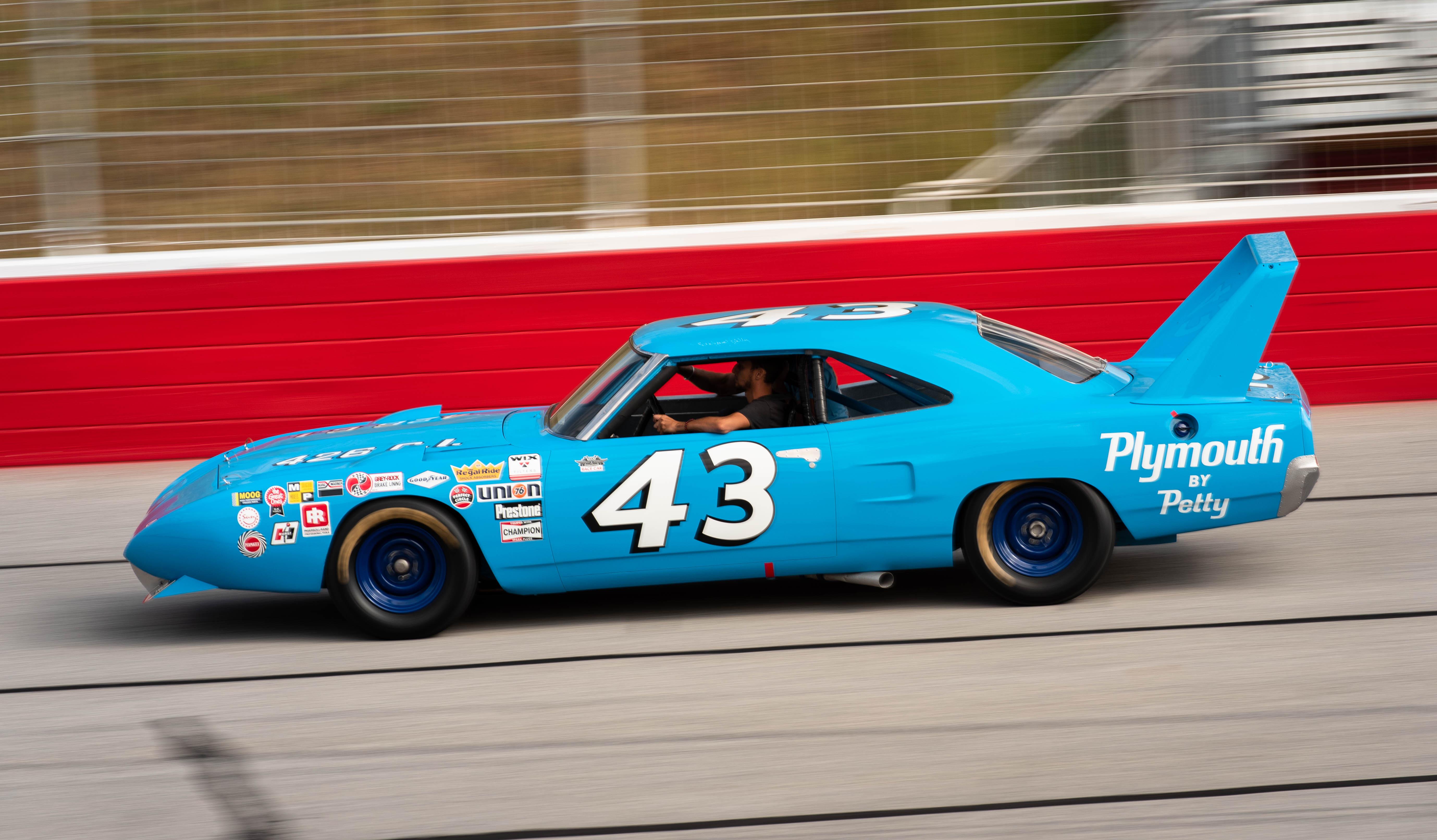 Richard Petty’s Plymouth Superbird on the track at Atlanta Motor Speedway for the 50th ...