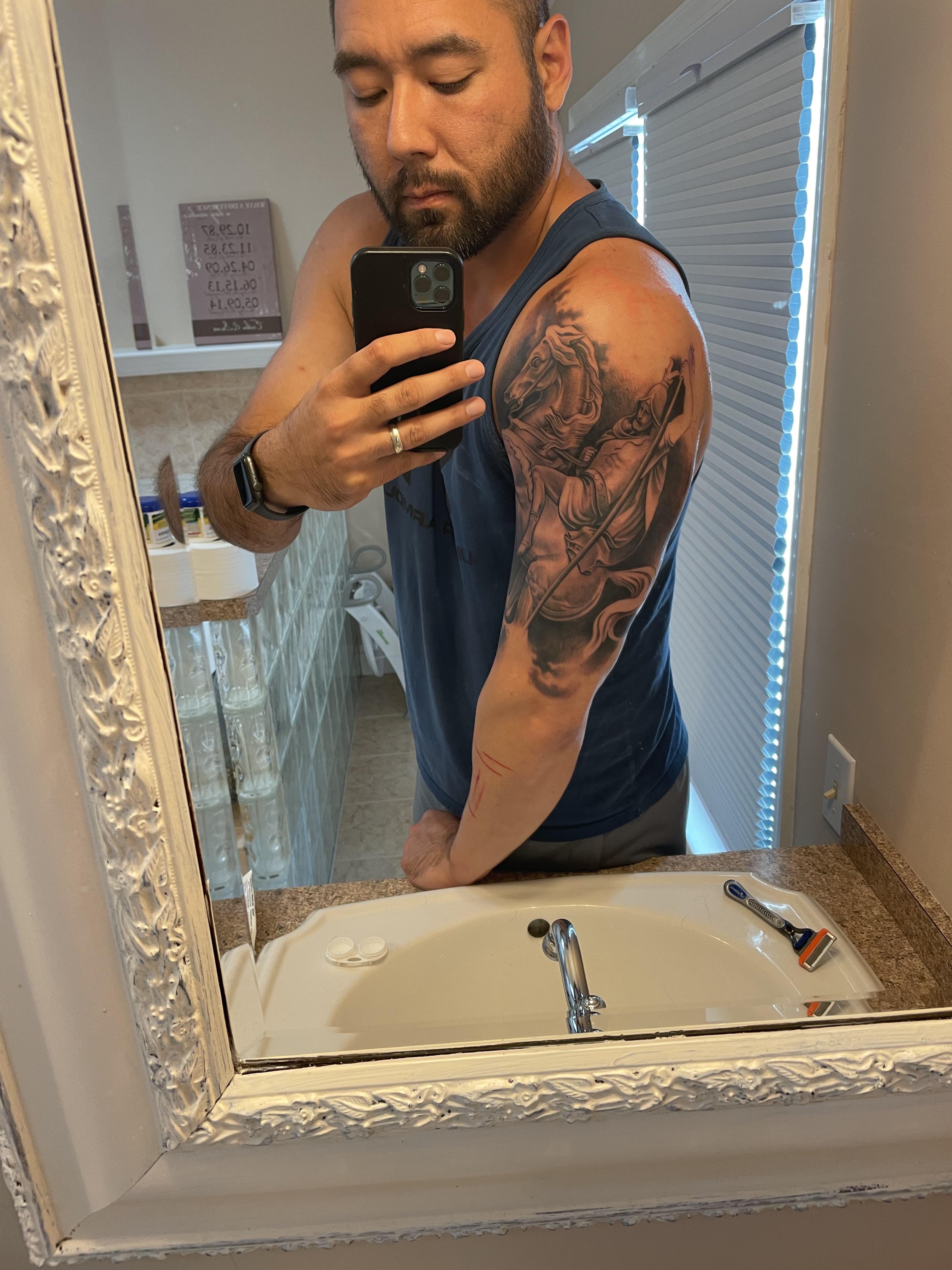 Session 1 completed on my St. George and the Dragon sleeve. Artist credit: Ian Griffith- Unroyal ...