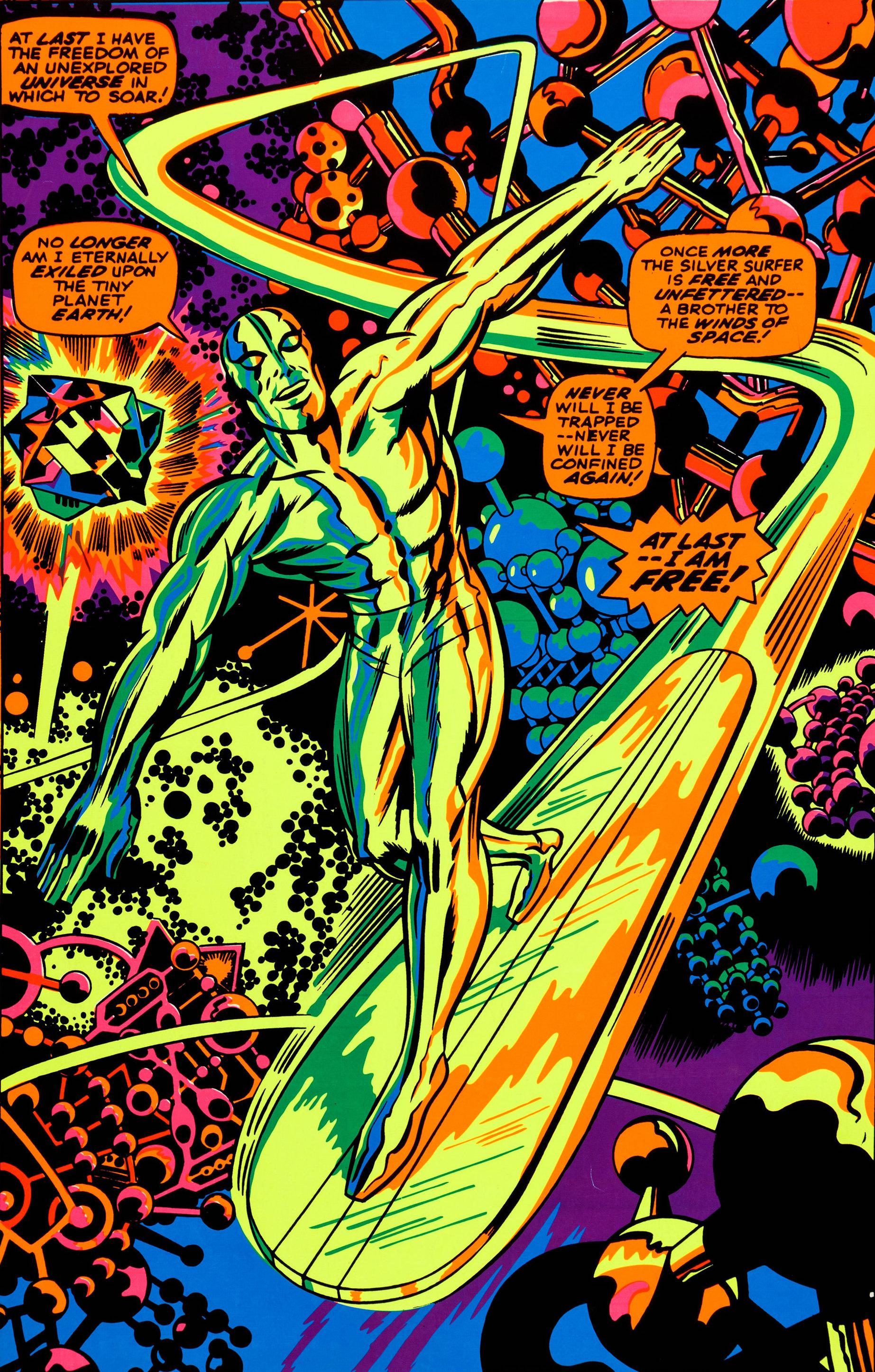 Silver Surfer blacklight poster by Jack Kirby (1971) | Scrolller