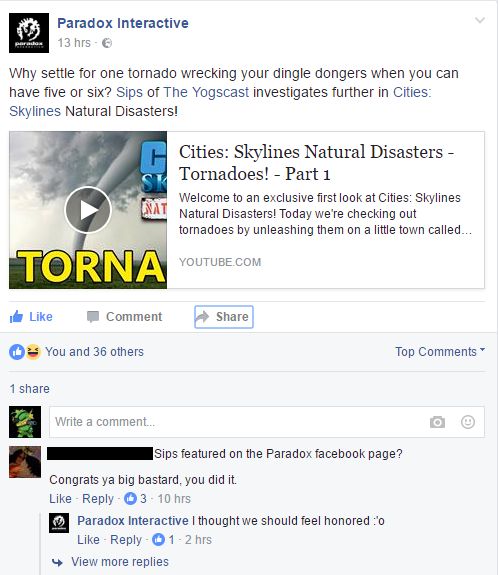 Sips' Cities Skylines LP featured on the official Paradox FB page | Scrolller