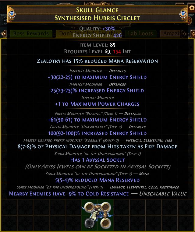 Skull Glance Synthesized Hubris Circlet. Now Harvest can finally get removed. | Scrolller