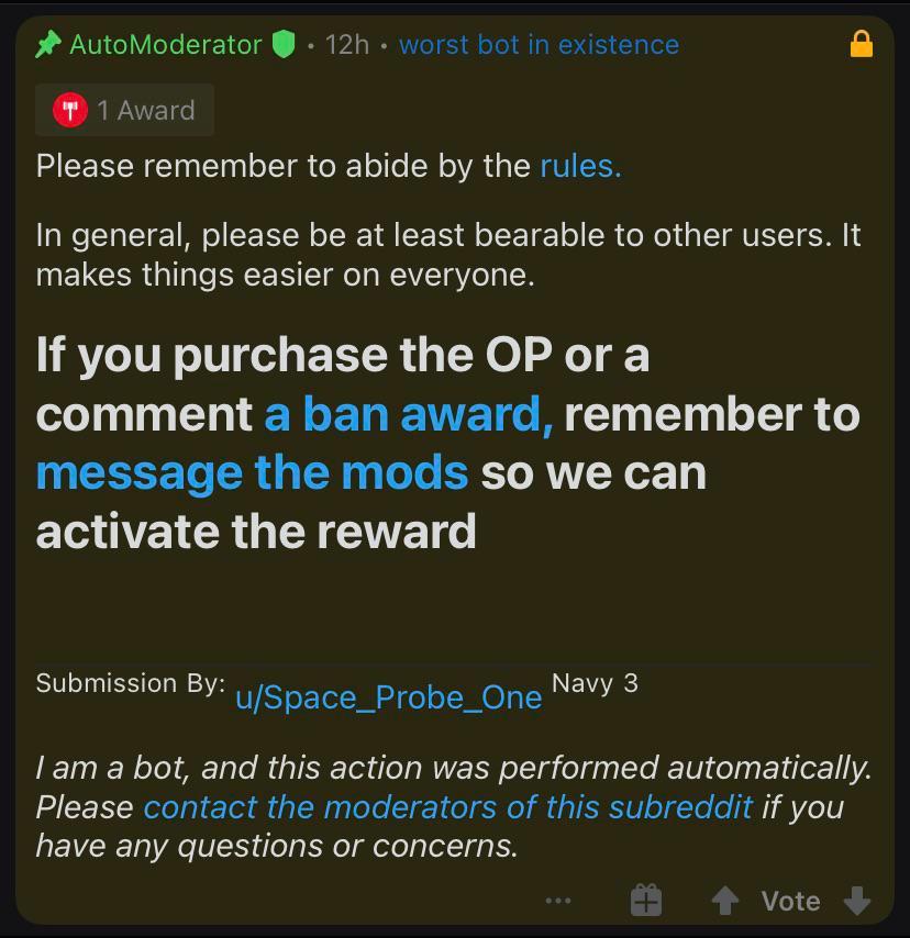 Someone awarded a “ban award” to the AutoMod | Scrolller