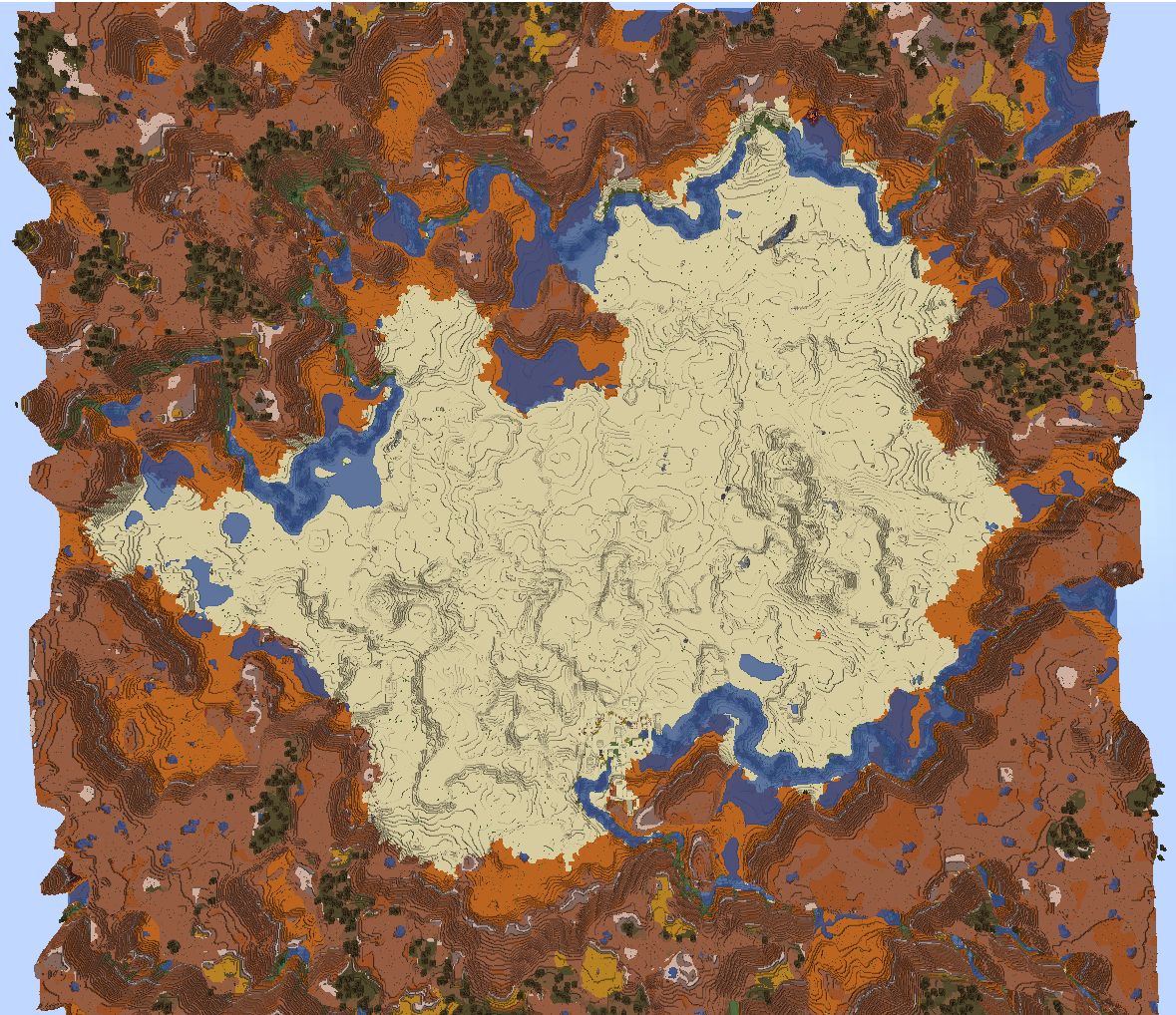 Spawn in a Desert with a village + 2 temples wich is fully surrounded by a massive 7 tile Mesa ...