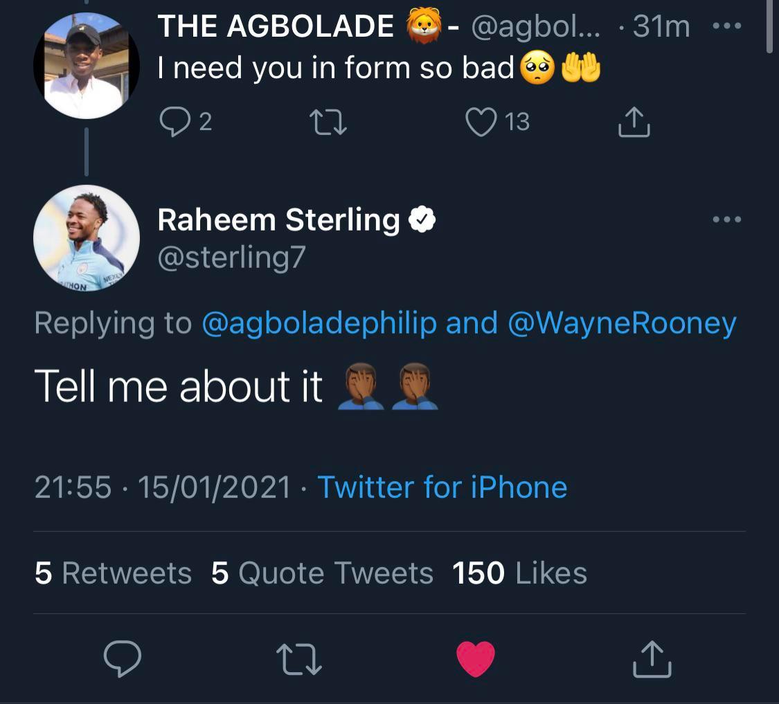 Sterling replying to a fan on Twitter | Scrolller