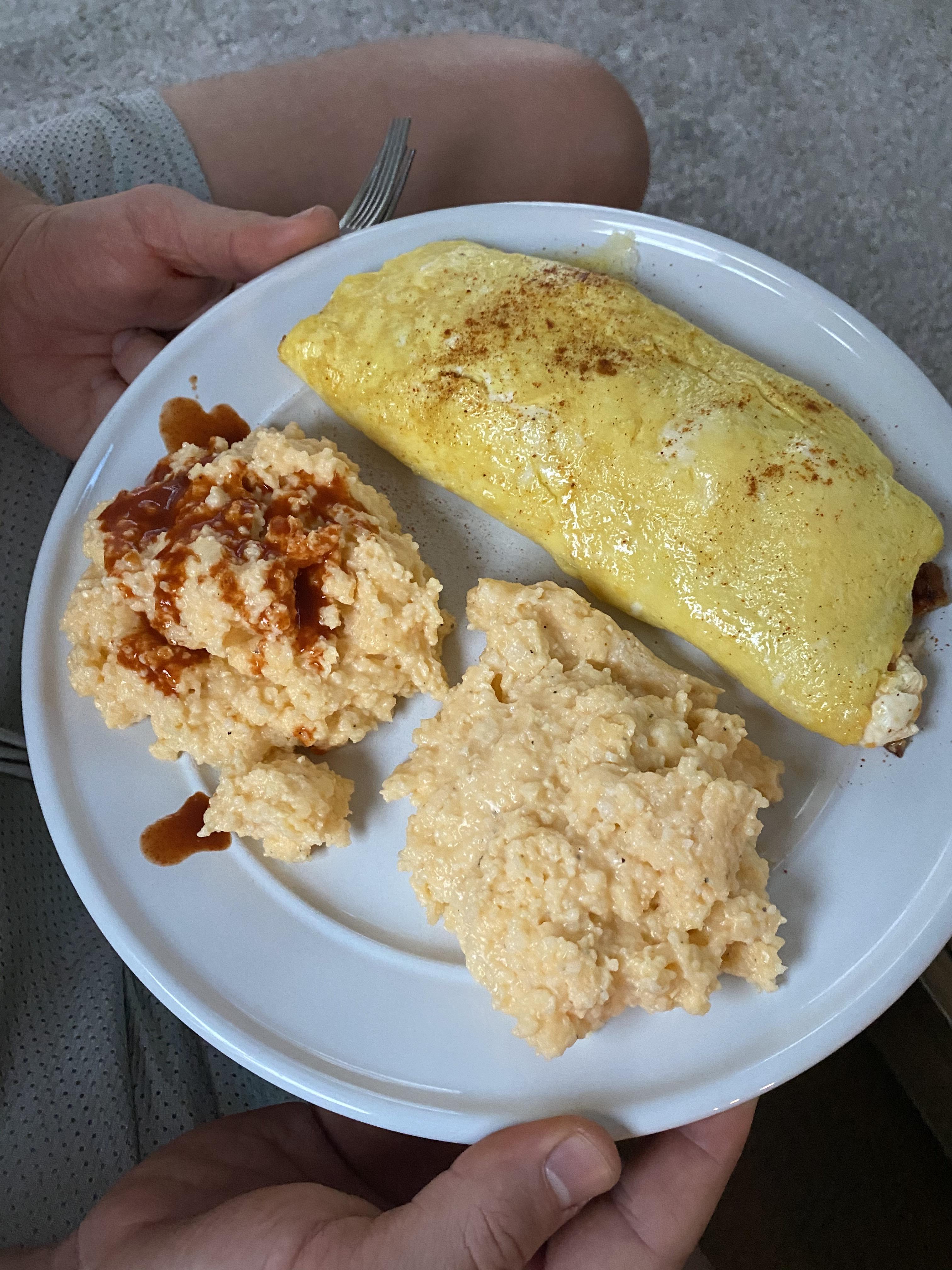 Stuffed French omelette and cheese grits to kick off the day(or post breakfast nap) | Scrolller