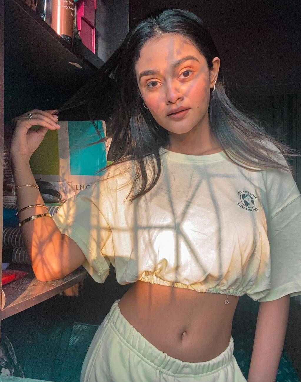 Tanisha (@tanishaaa_official) navel in white top and yellow pyjama | Scrolller