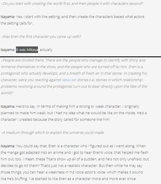 This bits from an interview with Isayama from 2014 always puzzled me. After the final chapter, I ...