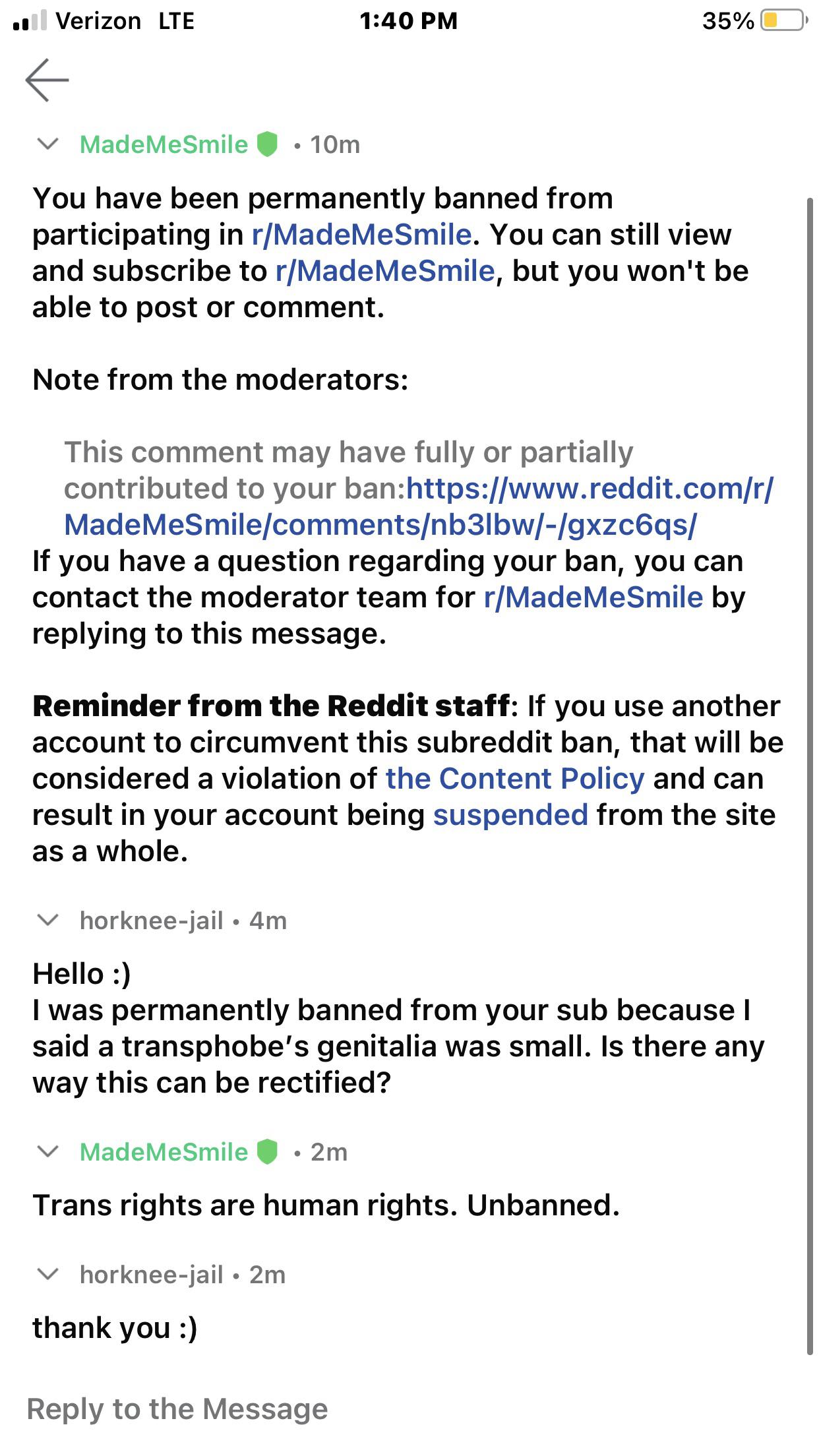 this made me feel good today :) the transphobe got banned instead of me | Scrolller