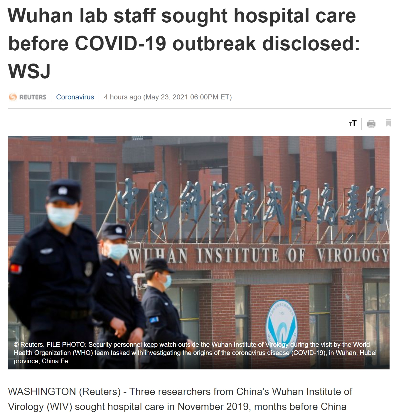 Three researchers from China's Wuhan Institute of Virology sought hospital care in November 2019 ...