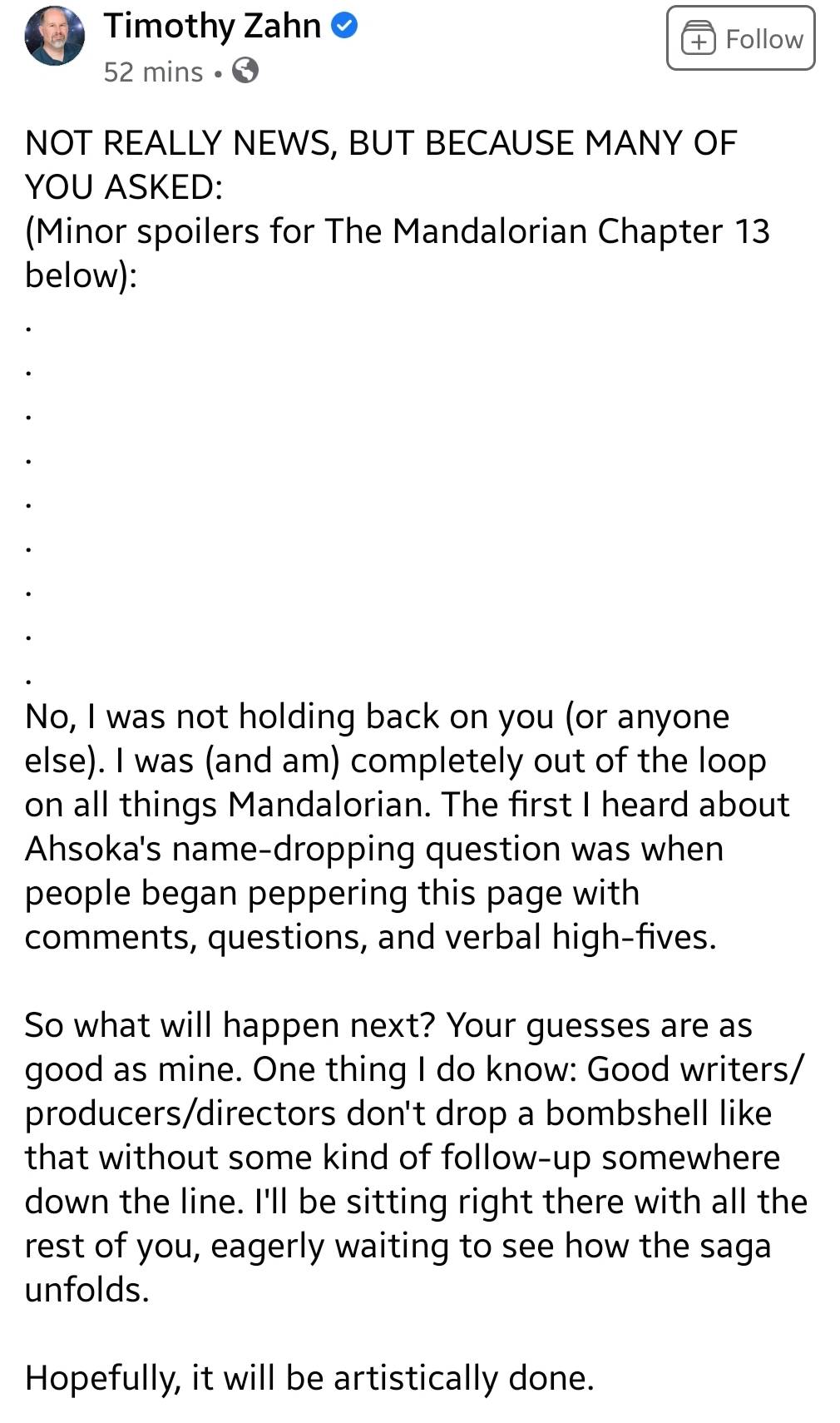 Timothy Zahn's statement about the new Mando episode | Scrolller