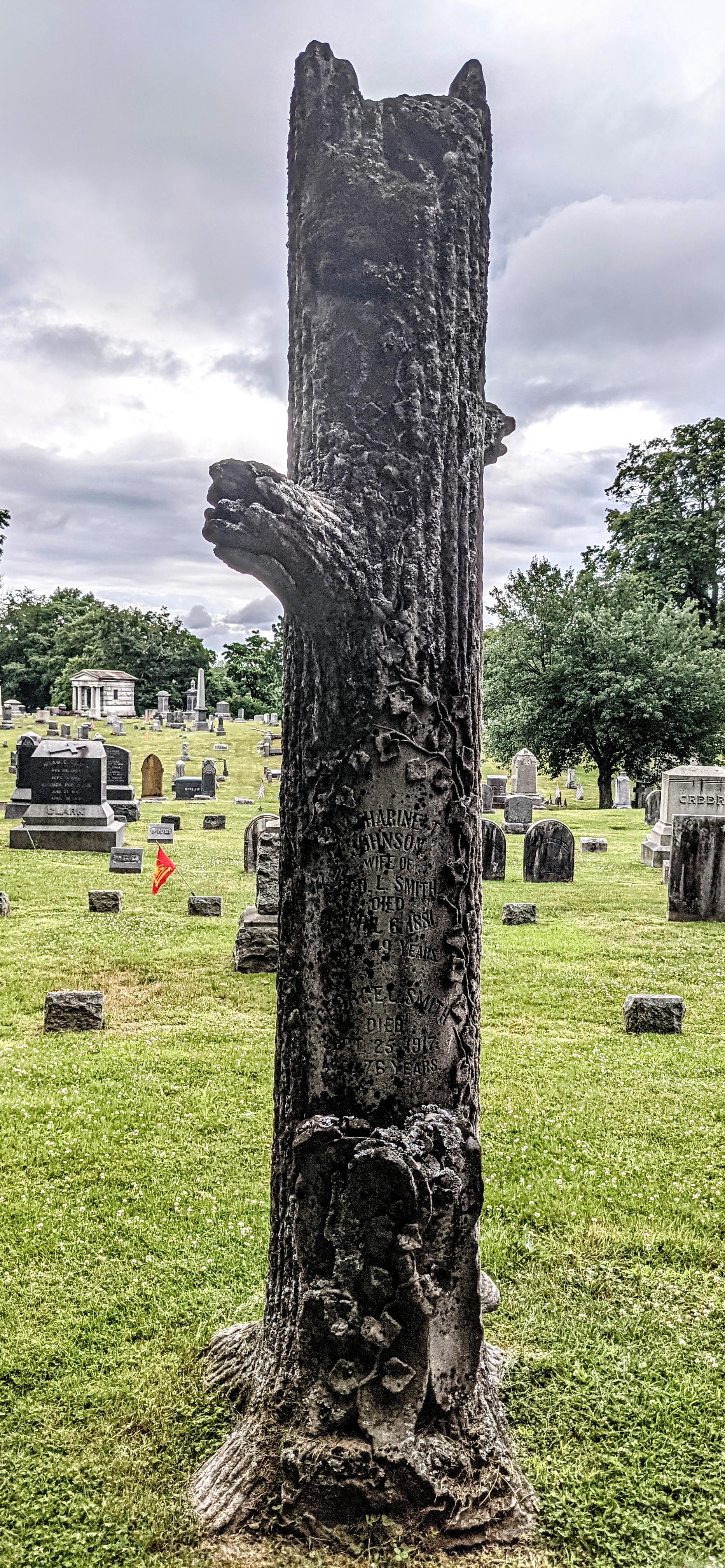 Tree trunk grave. Newton Cemetery. Newton, NJ. 1881 is the oldest date on it. | Scrolller