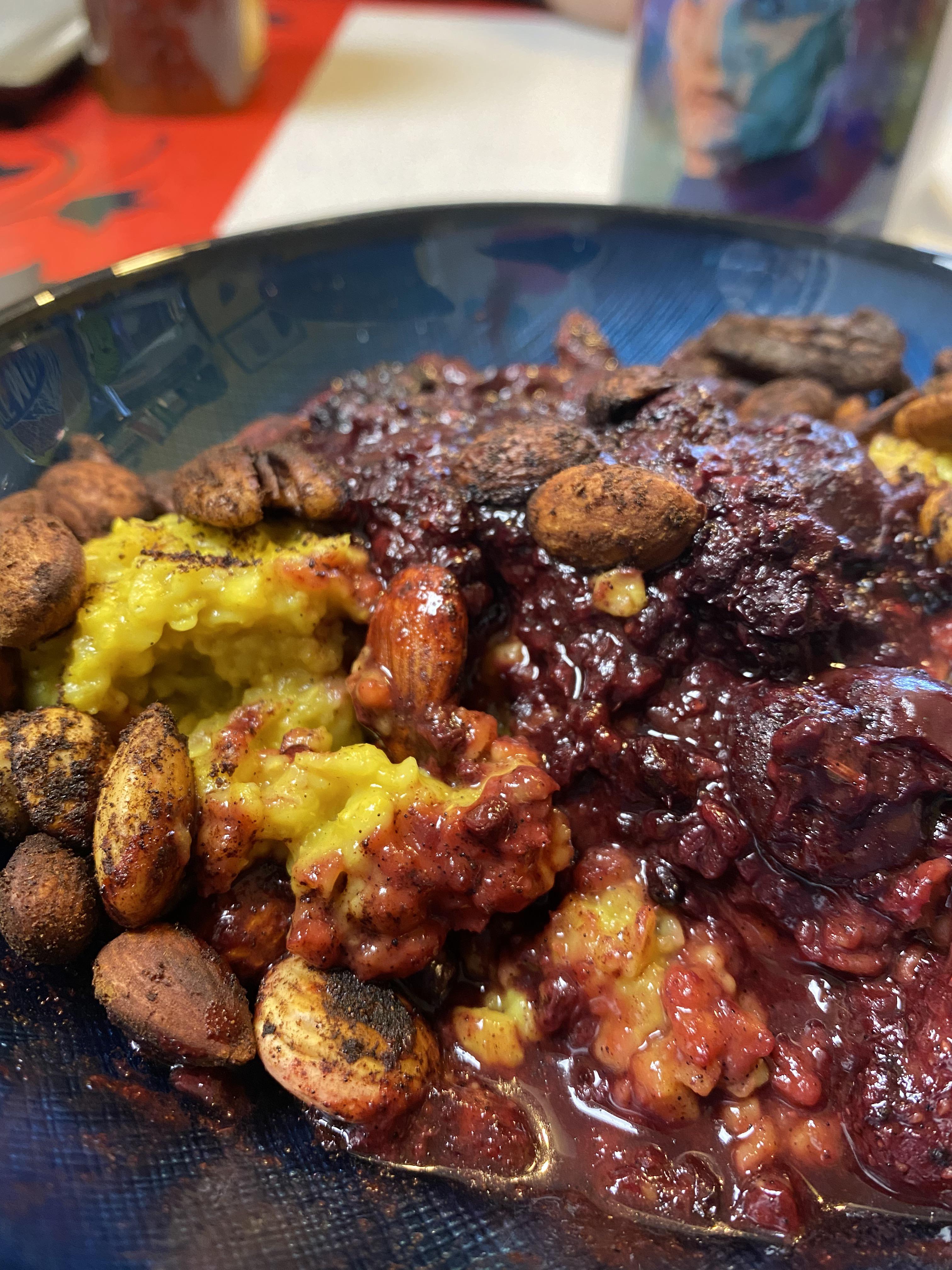 Turmeric vanilla oatmeal with berries and cinnamon vanilla nuts | Scrolller