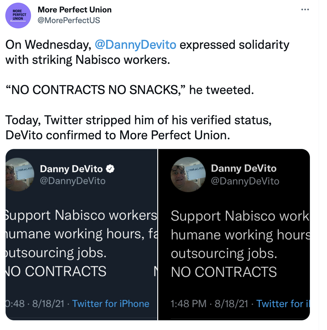 Twitter deverified Danny DeVito because he spoke up in support of striking workers | Scrolller