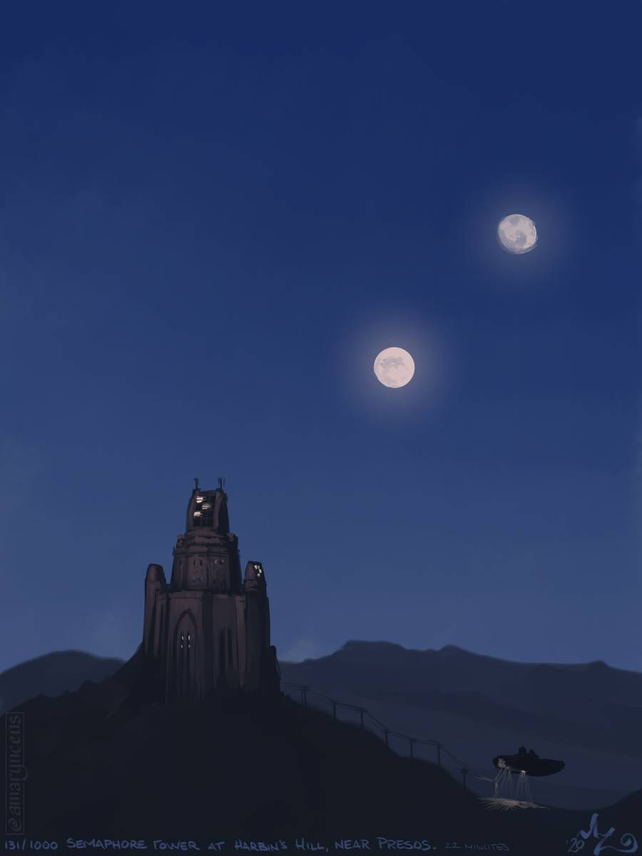 Two of the moons rise behind the shutter semaphore tower at Harbin's Hill, by Amarynceus | Scrolller