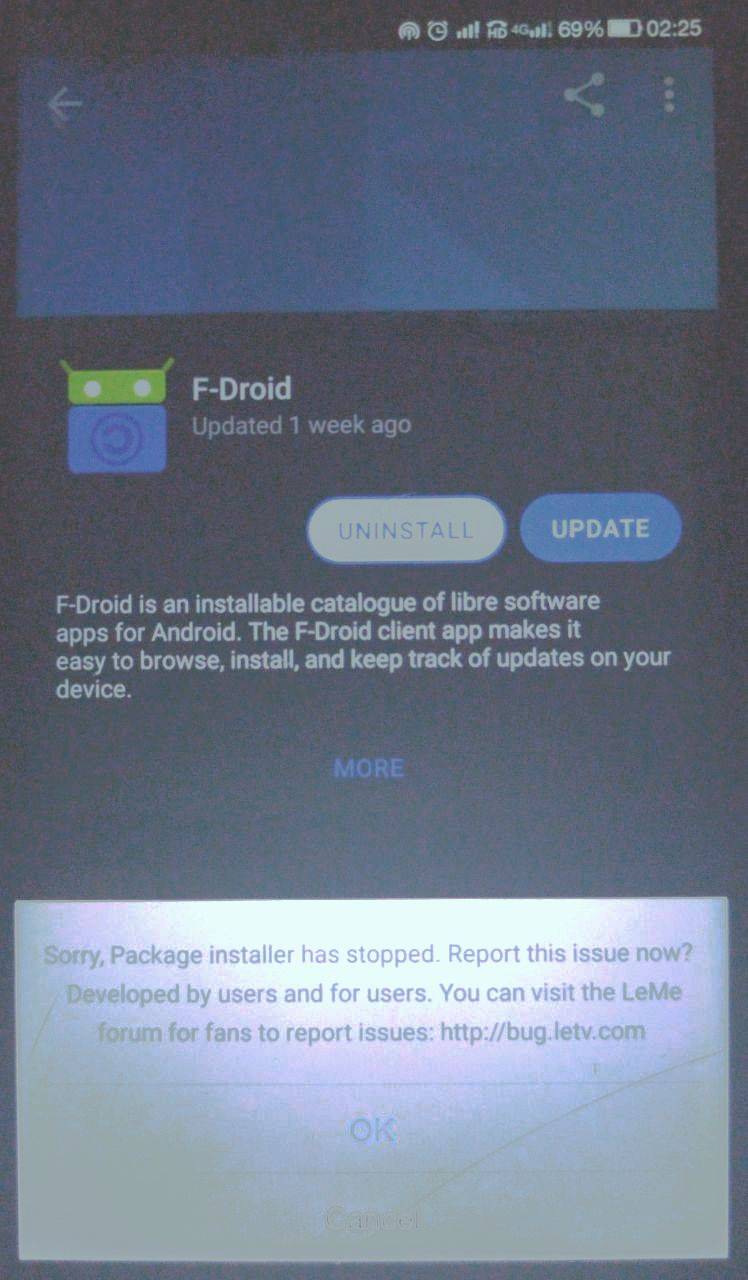 unable to update "F-Droid app". Package installer works for every other app, except F-droid ...