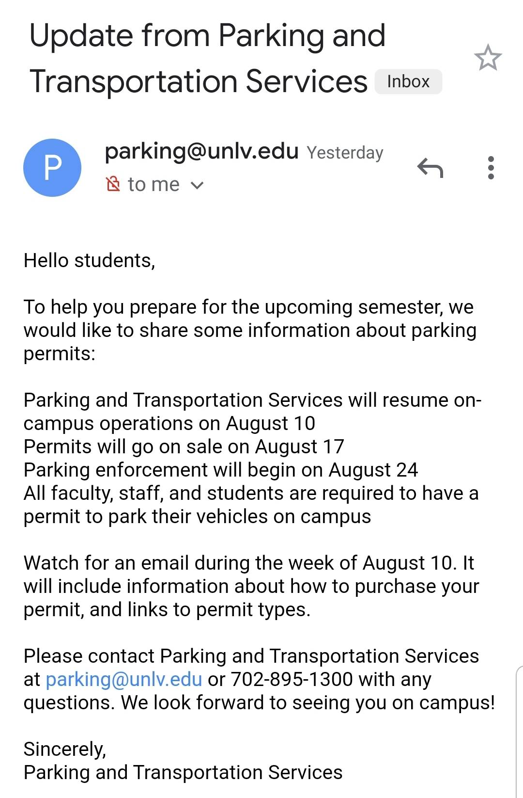 "Update from Parking and Transportation Services" | Scrolller