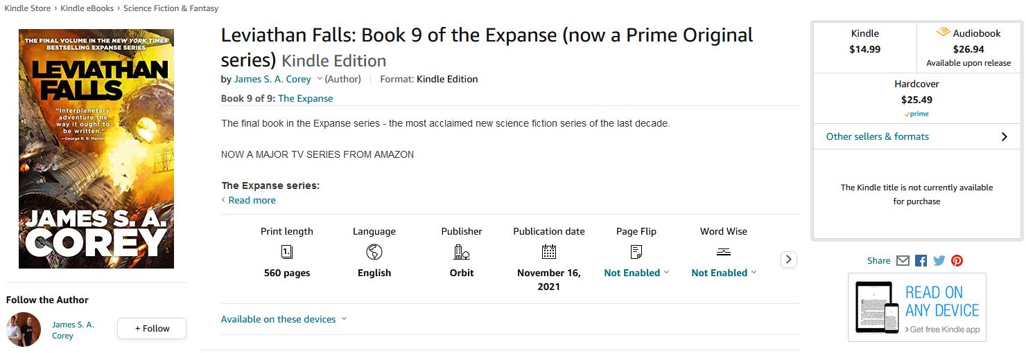 Updated release date for book 9, Leviathan Falls, listed on Amazon. November 16th. | Scrolller