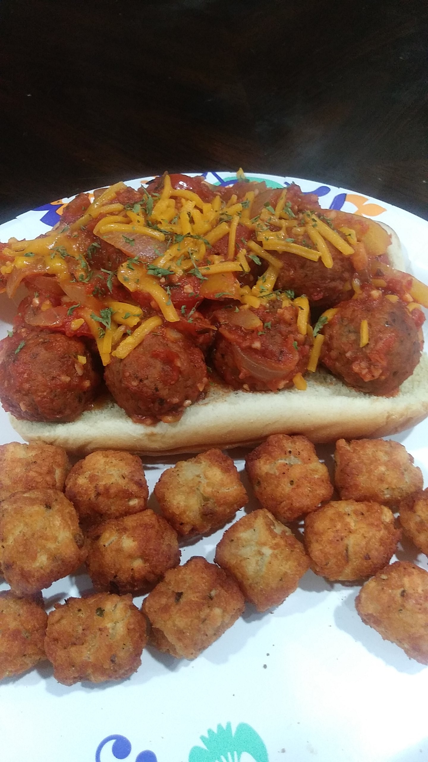 Vegan "meatball" sandwich with tater tots! | Scrolller
