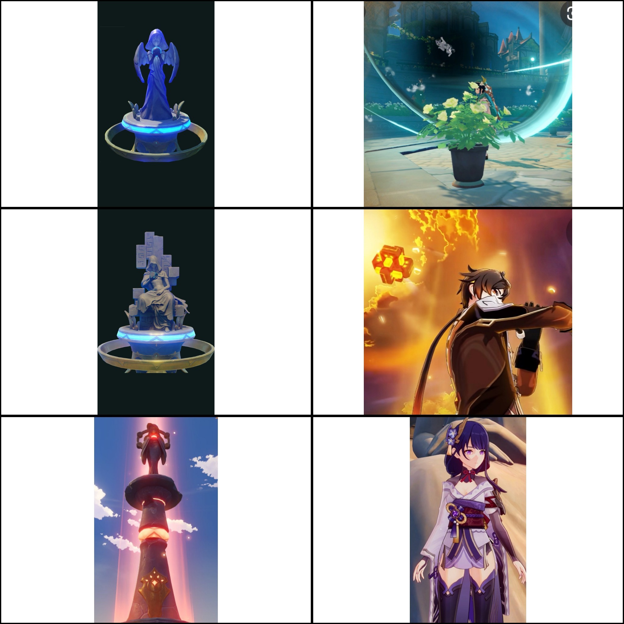 Venti and Zhongli are holding their Q in the Statue. Raiden has Raijin-like drums for her Q ...