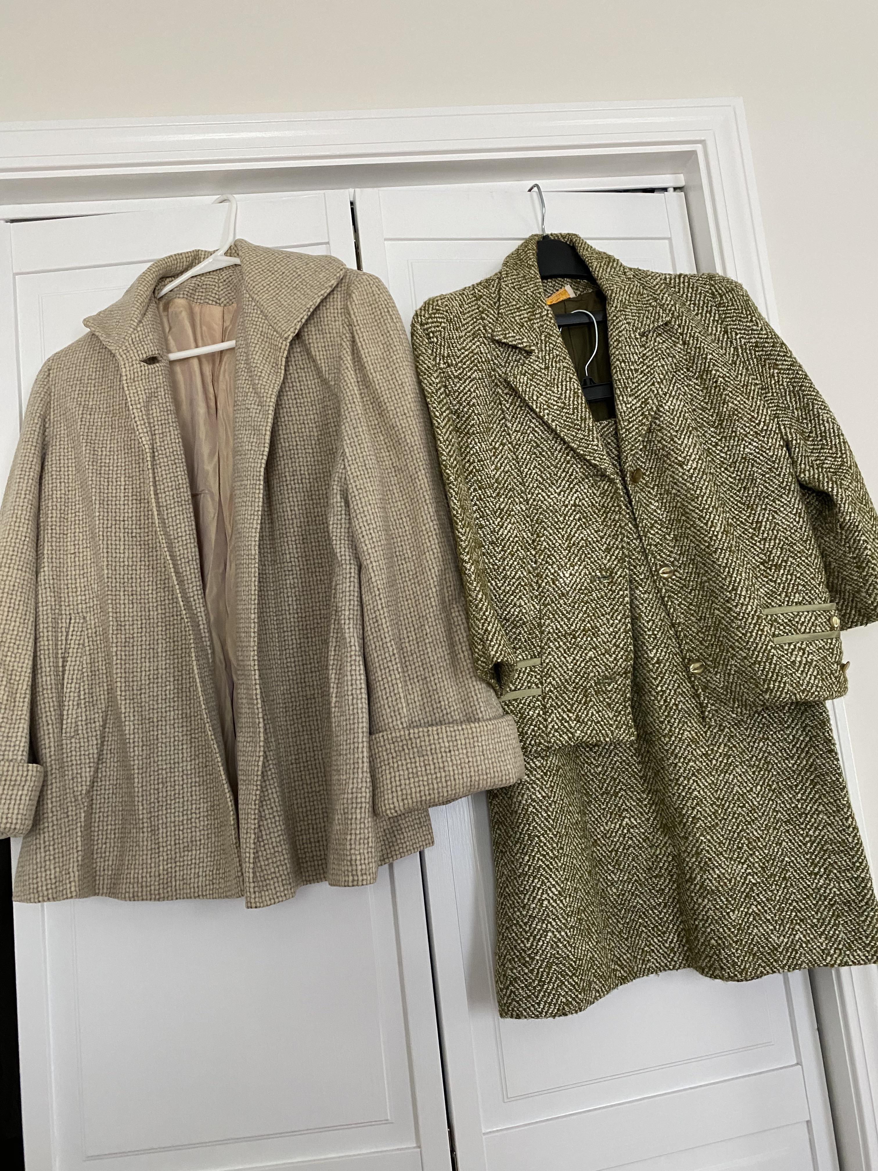 Vintage wool swing jacket ($8) & vintage tweed suit ($5). Not pictured ...