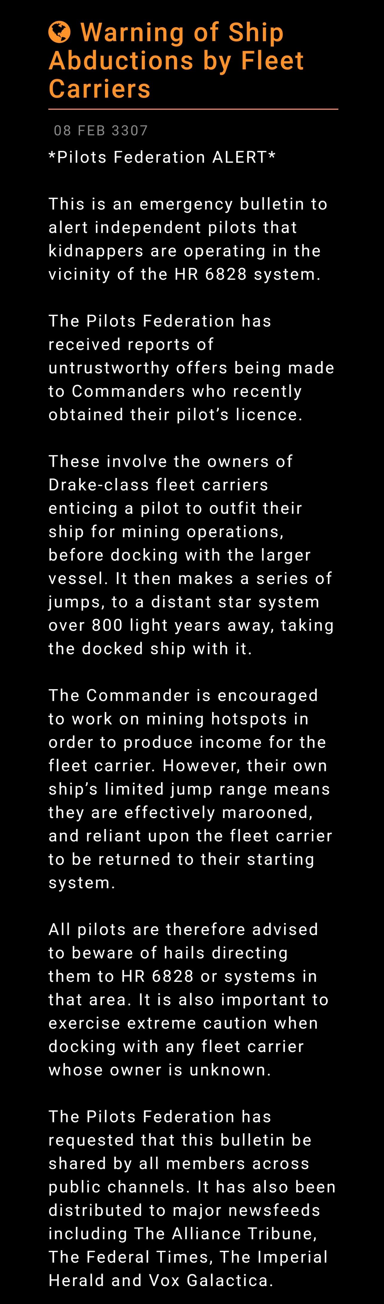 Warning of ship abductions by Fleet Carriers | Scrolller