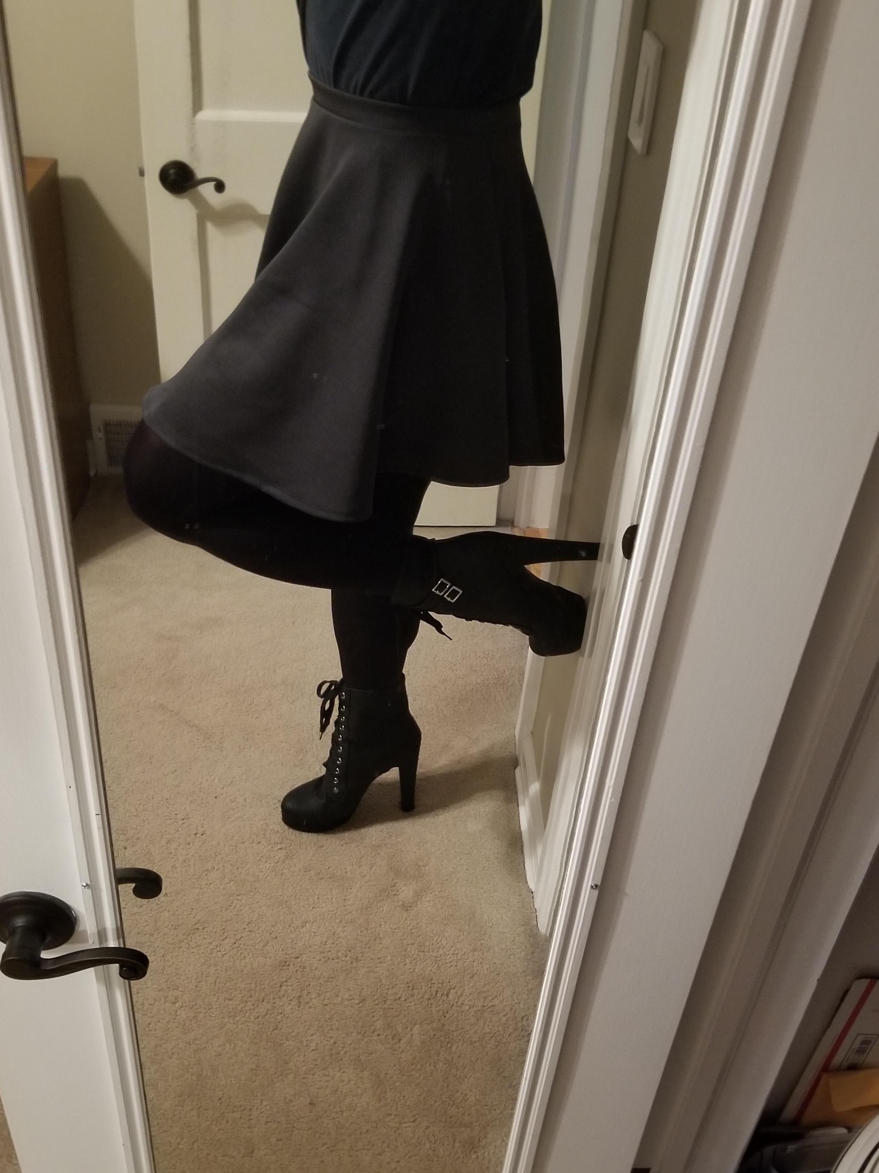 Wearing my new heels and skirt! Definitely the highest heels I've ever worn, gonna need some ...