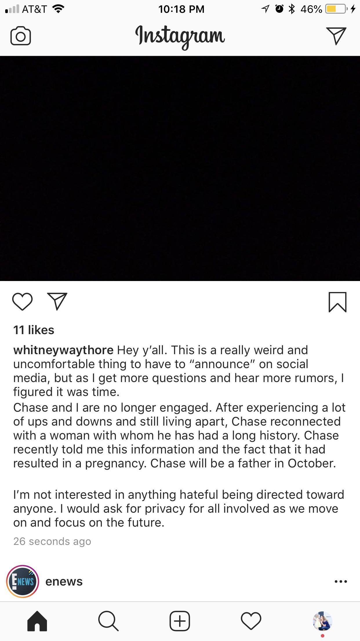 Whitney announced the breakup! Chase is going to be a dad. Holy smokes Batman! | Scrolller