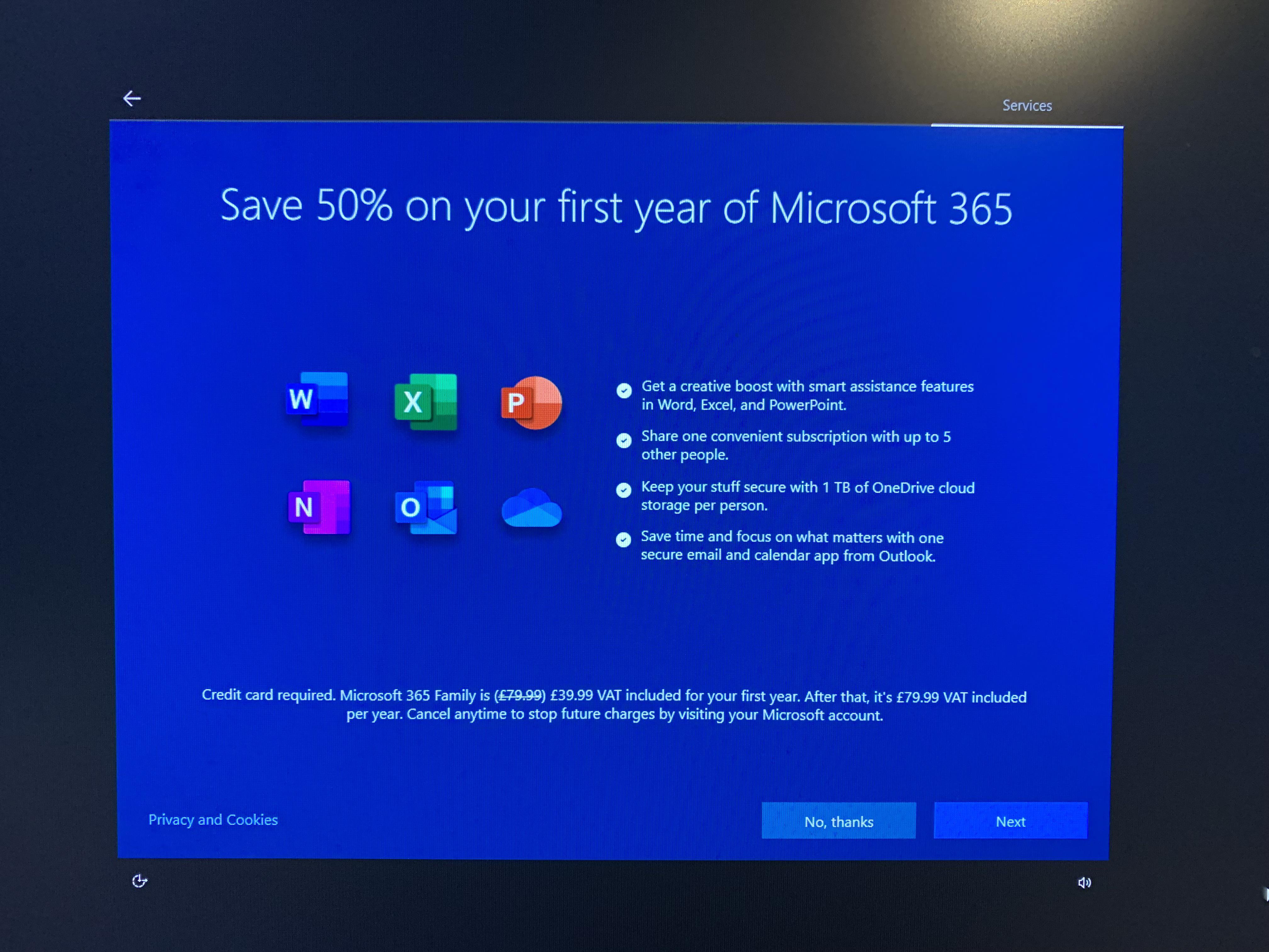 Windows takes me into a full screen set up to “review my browser settings” and “download office ...