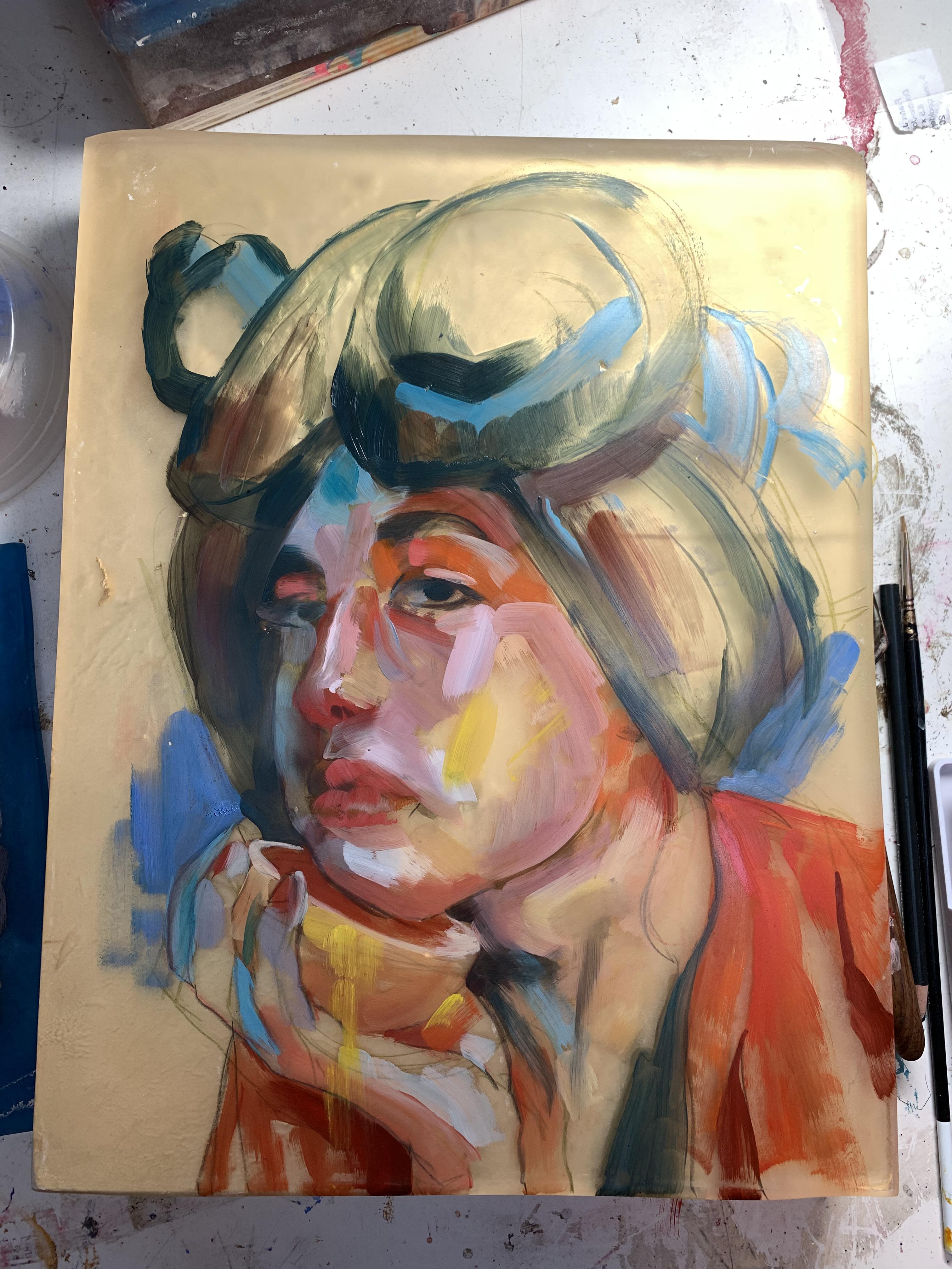 Work in progress. Oil on resin over gold leaf. | Scrolller