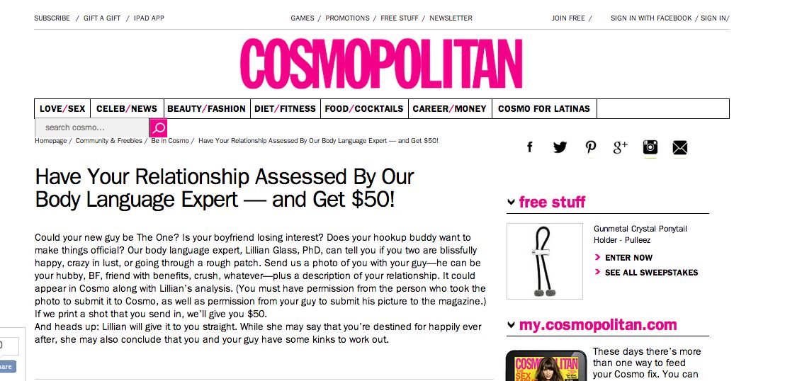 You can now earn $50 by letting cosmo decode your body language - if only we knew how to enter ...