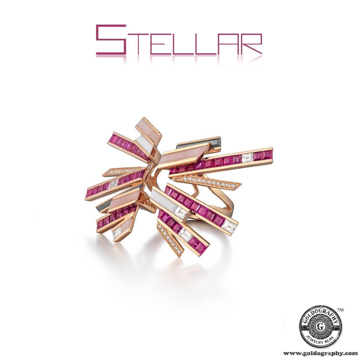[18K Rose Gold Stellar Explosion Ring with Rubies Pink Opals White Agate Hematite & Diamonds ...