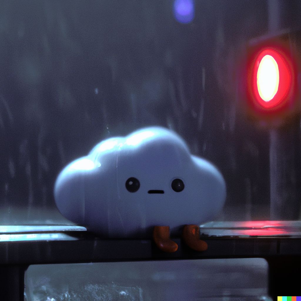 a cute cloud character waiting for the bus while it's raining | Scrolller