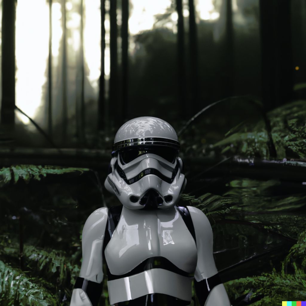 A storm trooper in a very reflective fully chrome armor. Overcast, raining, dark forest ...