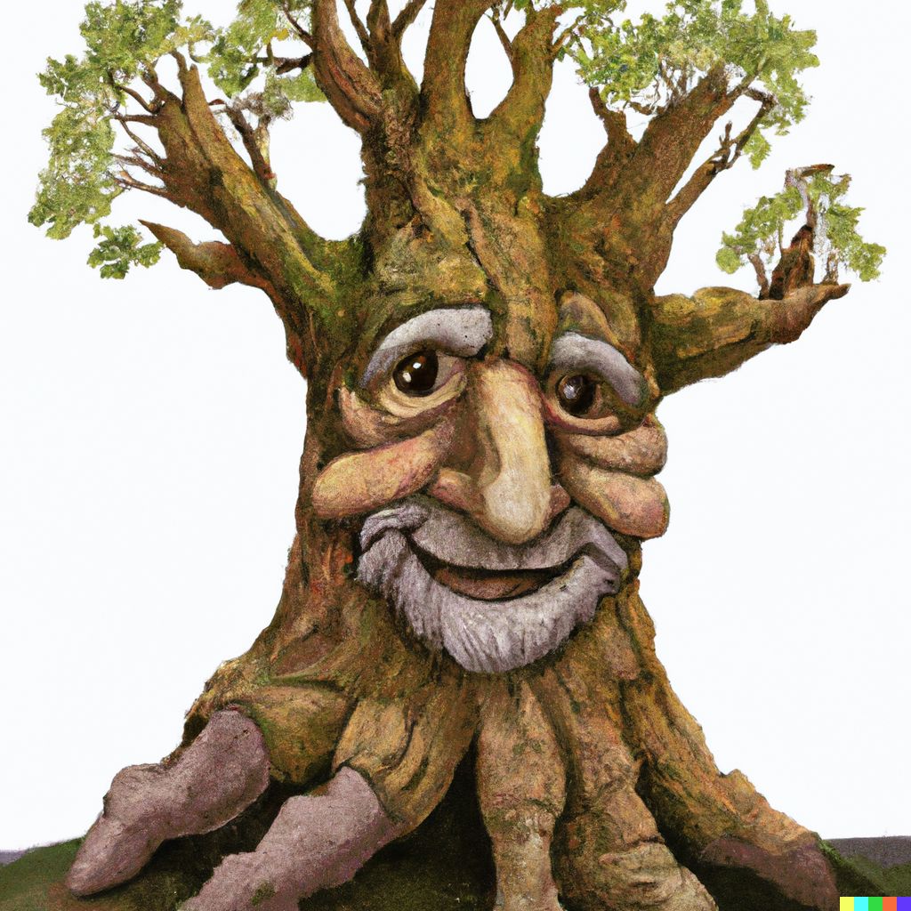 A wise old oak tree with a gentle kindly face, detailed award winning children's book ...