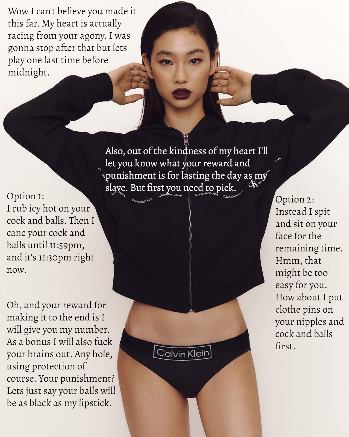 After spending a whole day being her chastity slave she unlocks you for some final torment ...