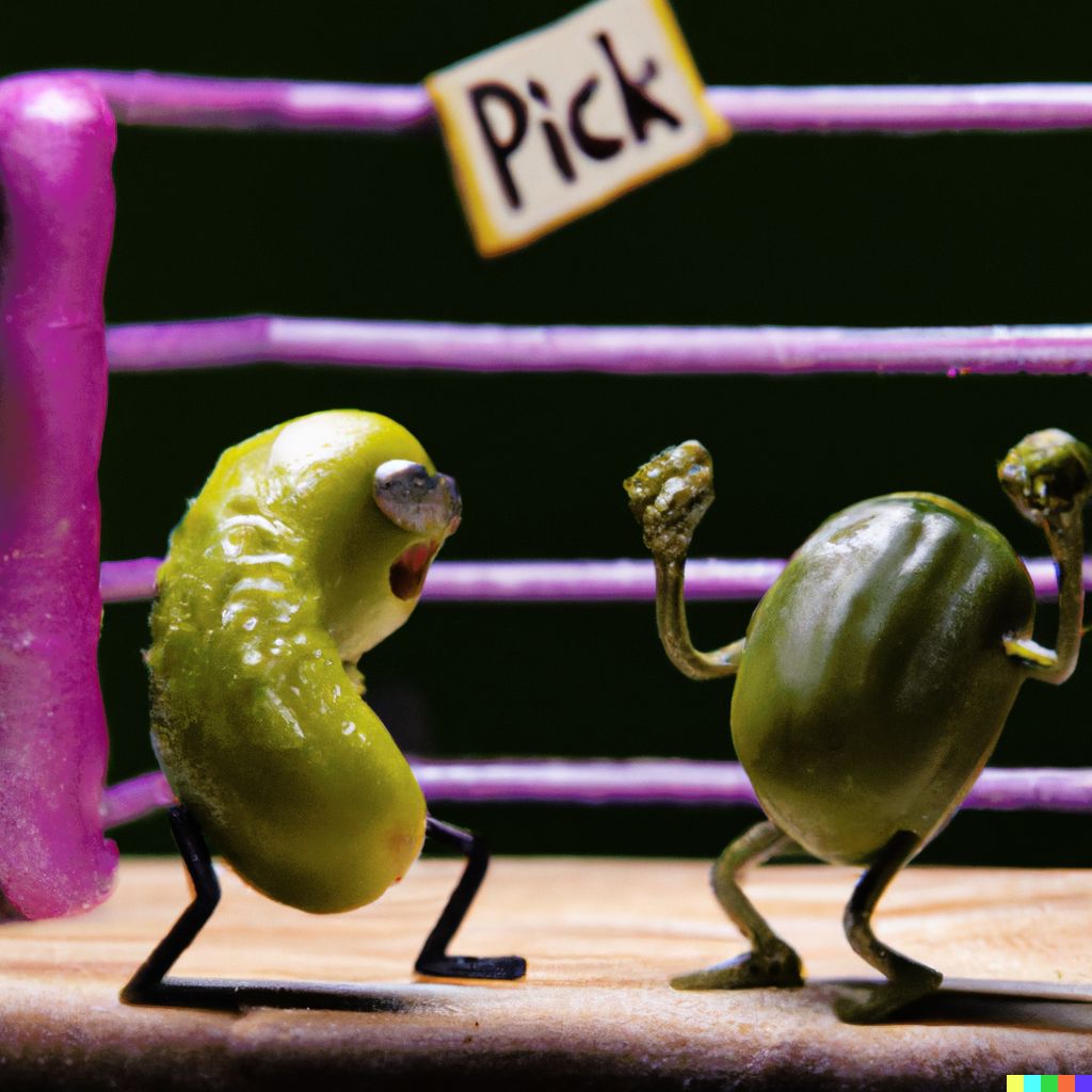 An olive fighting a pickle in a boxing ring, realistic, long shot, high energy | Scrolller