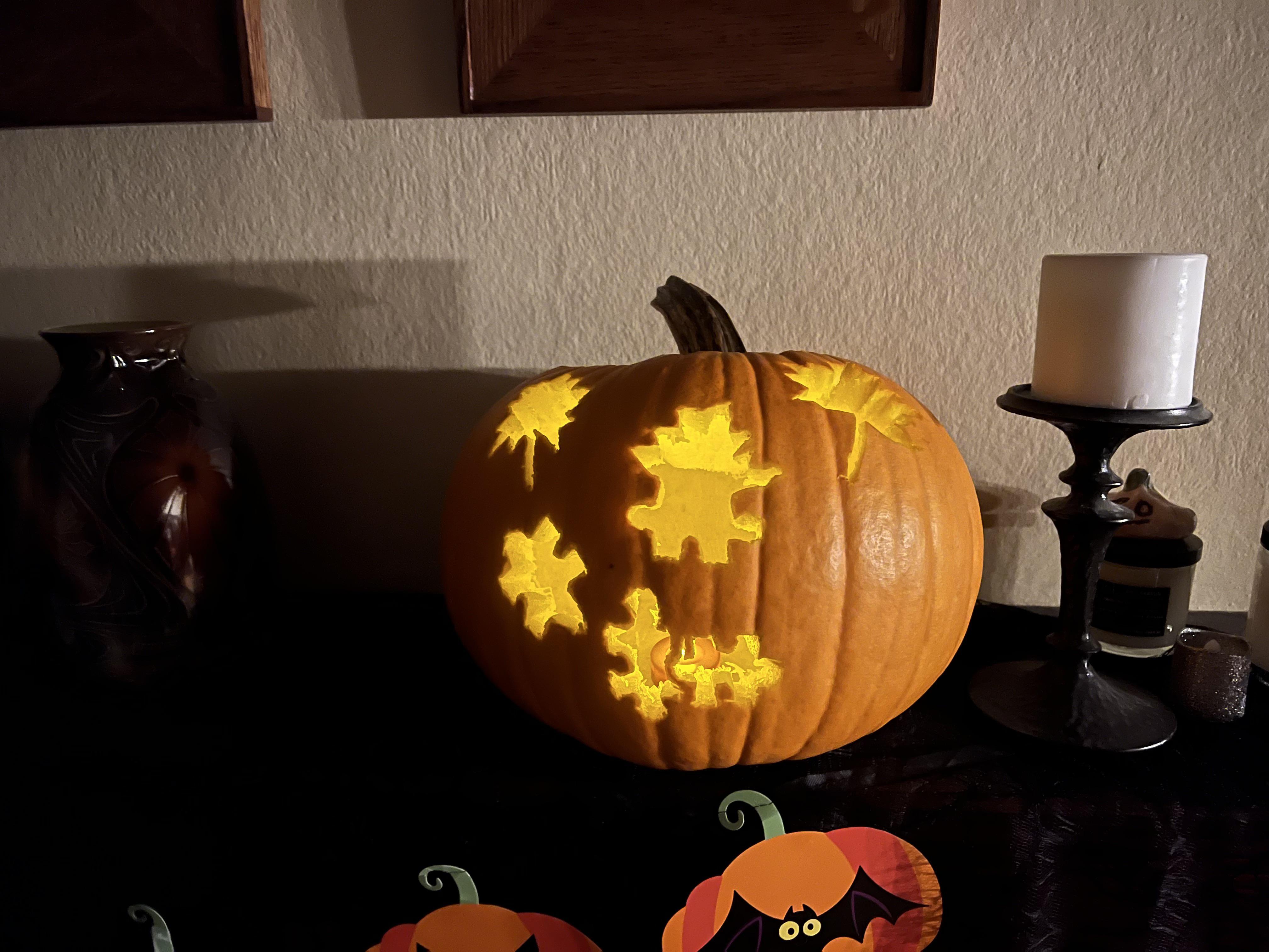 “Autumn leaves falling down like pieces into place”. Carved a pumpkin based on this lyric and ...