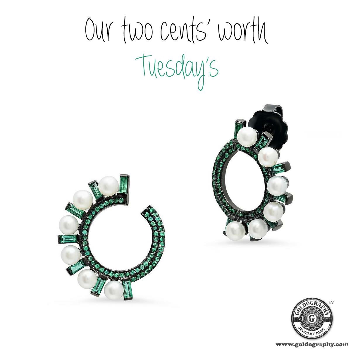 Circular 18K Black Gold with Emeralds & Pearl Hoop Earrings. | Scrolller