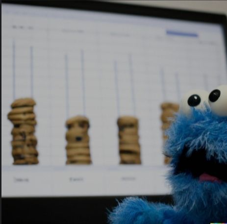 "Cookie monster watching his cookie portfolio going down on a computer screen during a recession ...