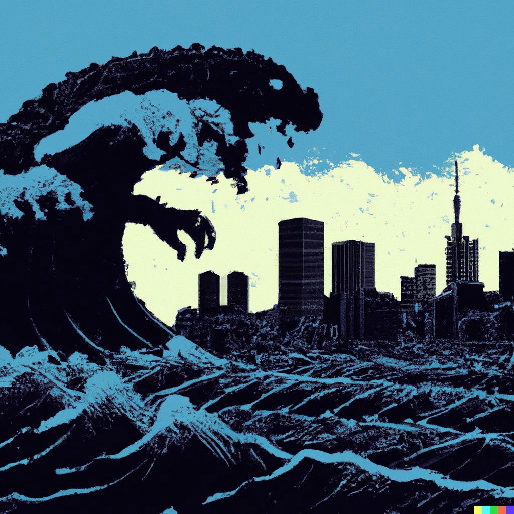 Dystopian Great Wave off Kanagawa as Godzilla eating Tokyo. | Scrolller
