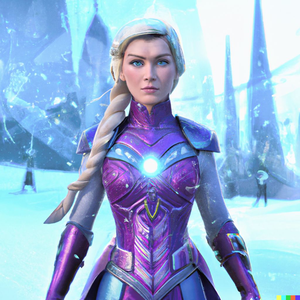 half-length portrait of Princess Elsa from “Frozen” (2013) as a Marvel superhero on a ...