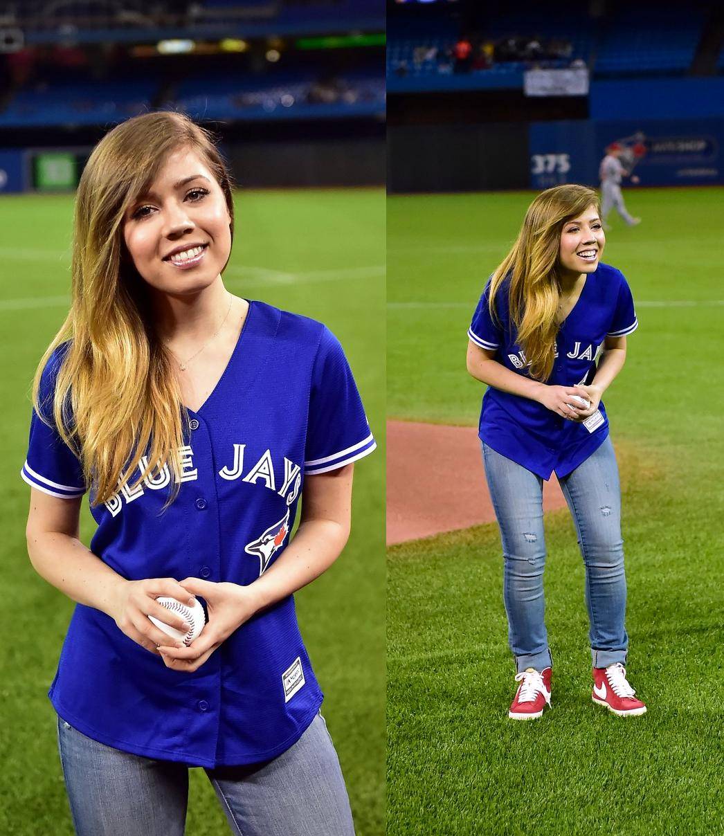 Jennette in jeans - Blue Jays first pitch | Scrolller