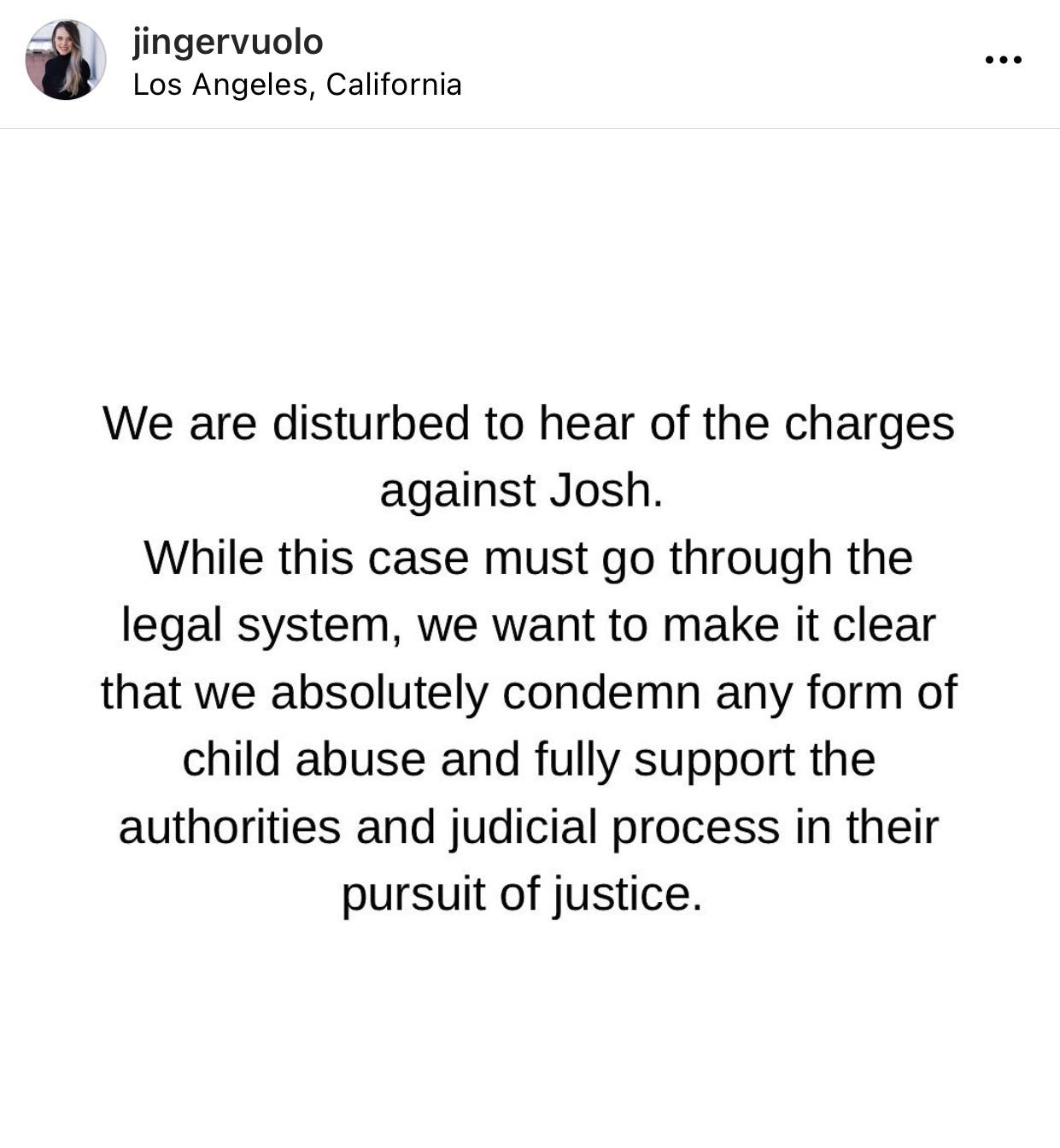 Jinger Vuolo acknowledges the charges against Josh. Is she the first one to make a statement ...