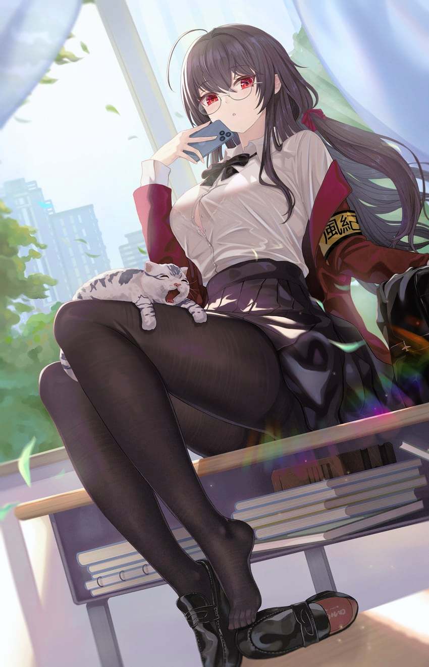 JK Taihou sitting on desk with a yawning cat on her lap [Azur Lane] | Scrolller