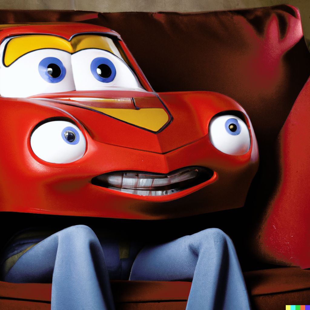 Lightning McQueen from the movie Cars, sitting on a couch | Scrolller