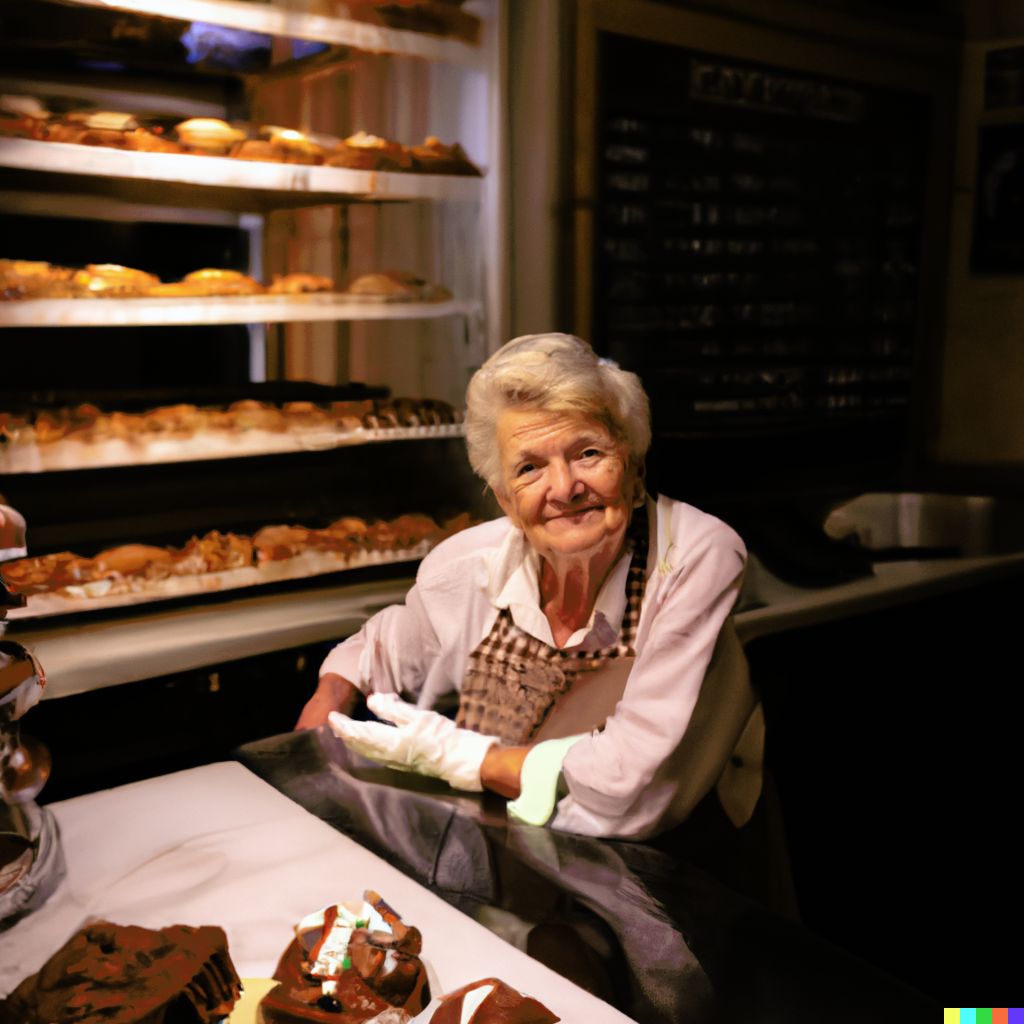 Lovely granny in a dim lit French bakery. Full prompt in comments. Uncrop | Scrolller