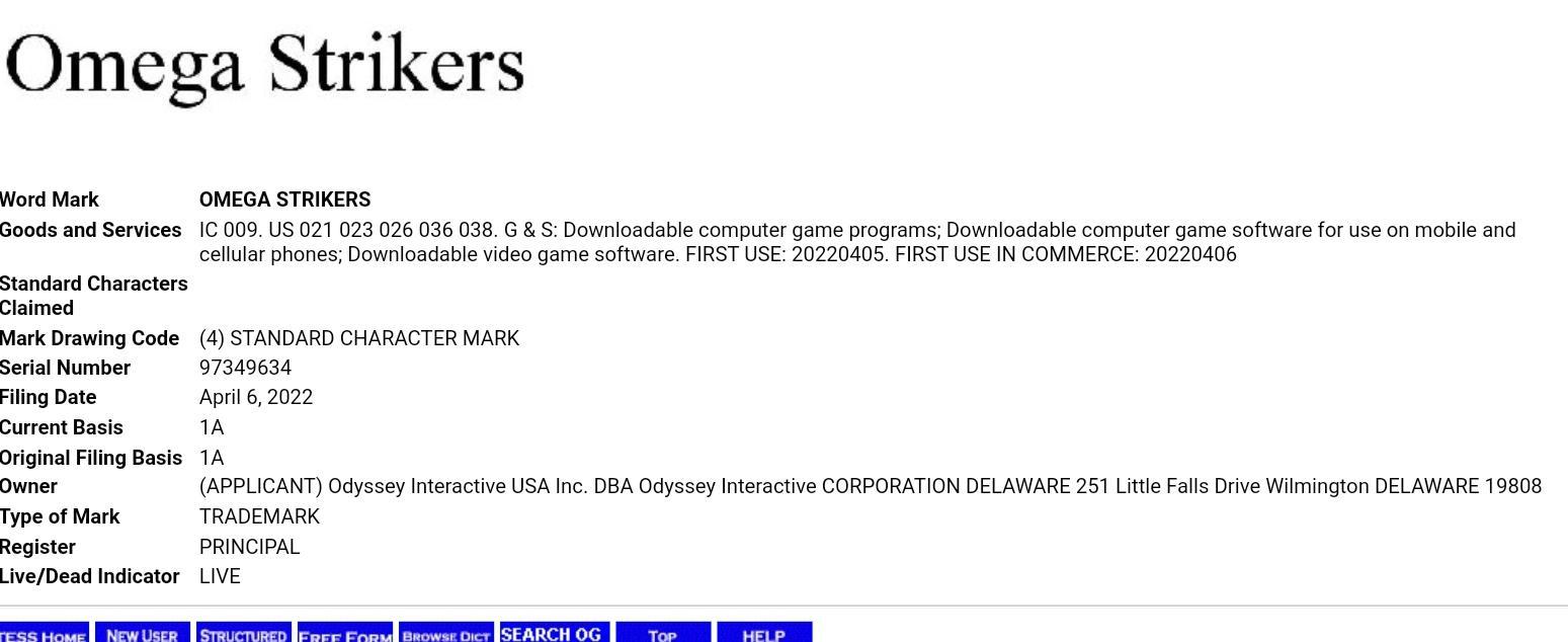 Odyssey Interactive files for trademark OMEGA STRIKERS | Scrolller
