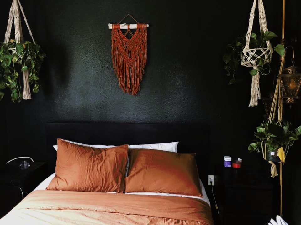 Painted my bedroom walls dark green and added this burnt orange macrame. I think it’s coming ...