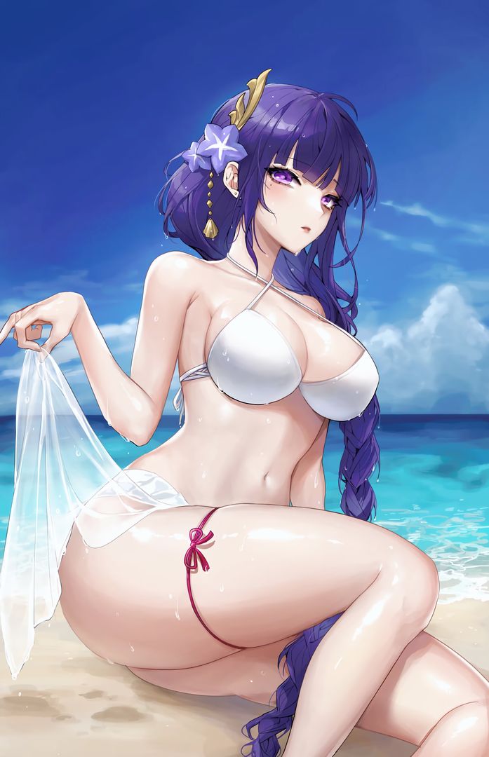 Raiden Shogun in white bikini leaning to the side (HirettOwo) [Genshin Impact] | Scrolller