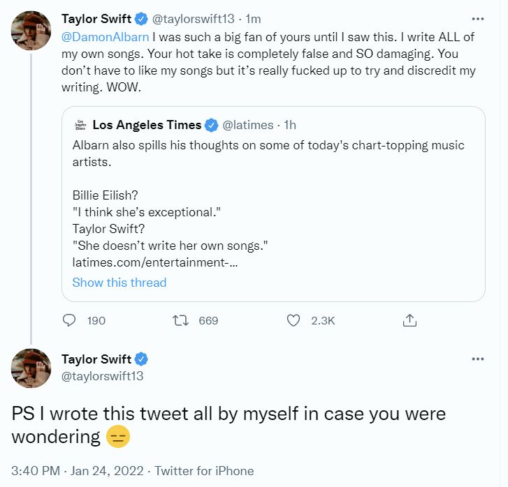 Taylor Swift Claps Back At Damon Albarns False Hot Take Scrolller